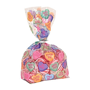 Beistle 50 Piece Candy Heart Valentine's Day Cellophane Bags, Plastic Cello Treat Holders, Twist Ties Included, Celebrating With You Since 1900