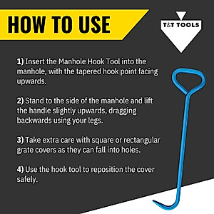 T&T Tools 30-Inch Manhole Hook Tool - Heavy Duty Single Hook for Lifting Manhole Covers, Storm Drains, Septic Tank Risers - Rigid Hex Alloy Steel Tool for Lifting, Pulling, and Removing Covers-1 Pack