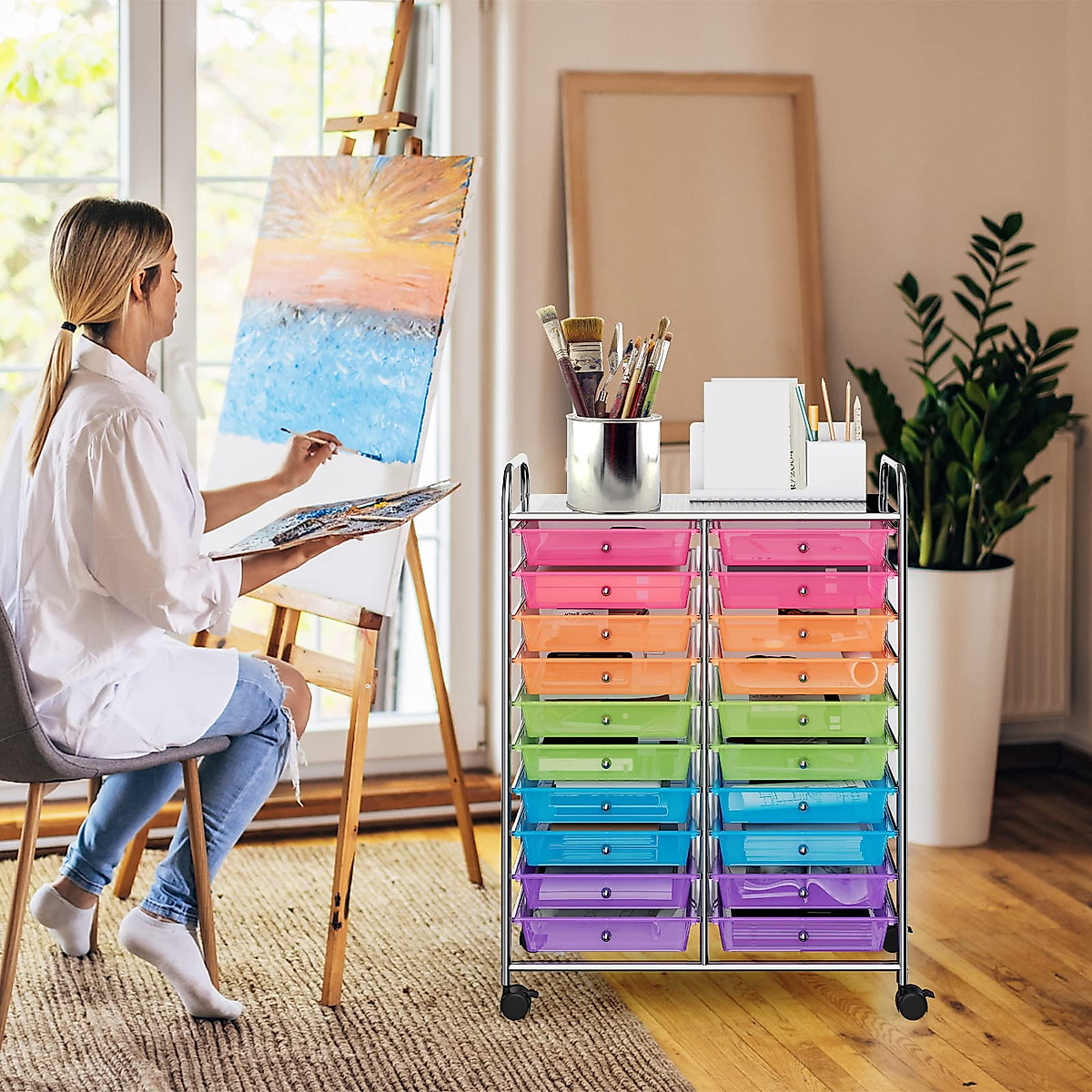 COSTWAY 20-Drawer Rolling Storage Cart, Utility Storage Organizer Cart for Tools, Scrapbook, Paper, Craft, Multipurpose Storage Trolley on Wheels for Home Office School (Rainbow)
