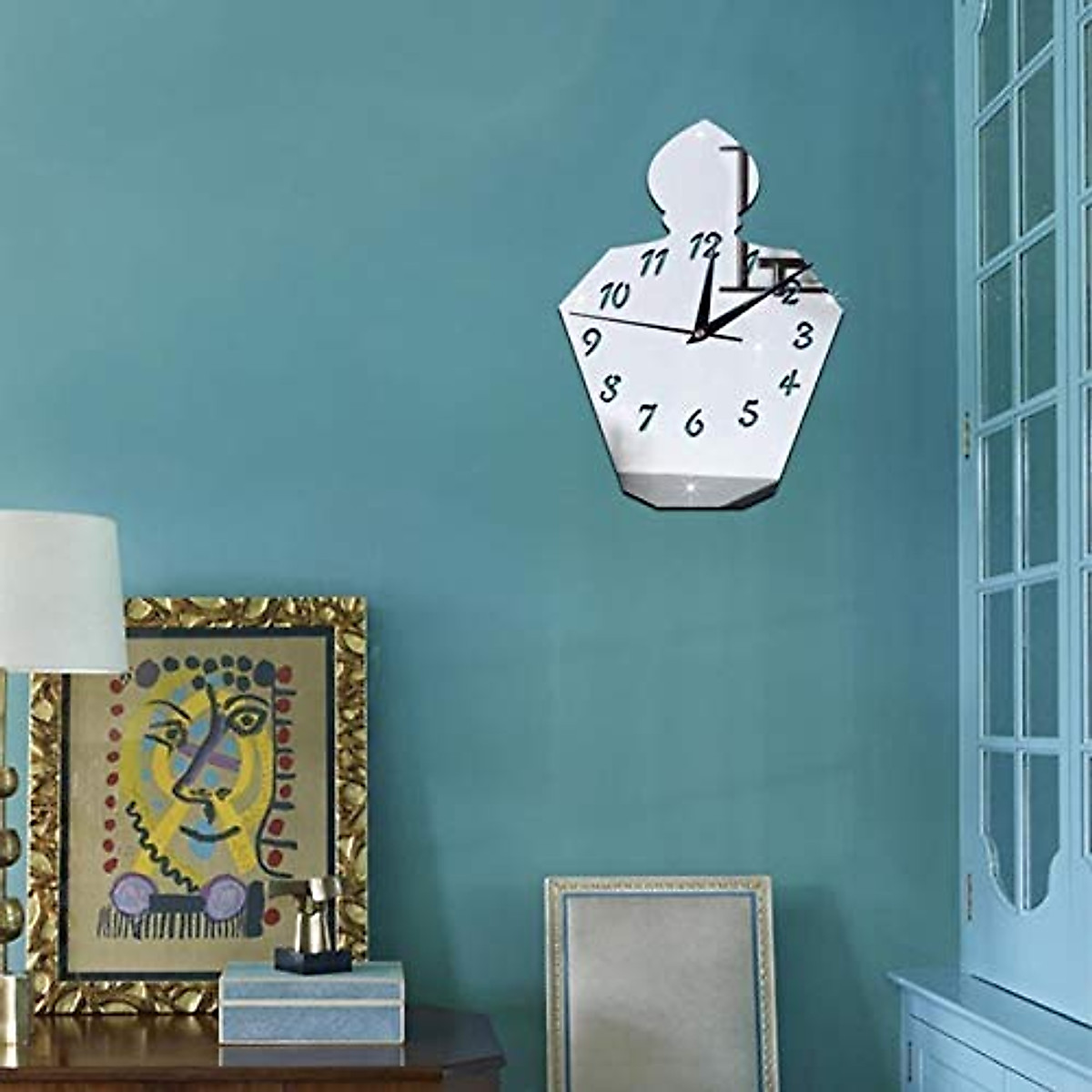 KXA Simple Modern Wall Clock, Perfume Bottle Mirror Silver Wall Clock Modern Design Home Decor Watch Wall Clock