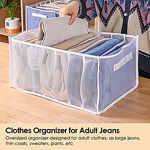 Extra Large Oversize Jeans Wardrobe Clothes Organizer, 7 Grid Mesh Closet Shelf Organizers for Jeans Pants T-shirts, 17.3-inch with Handle Foldable Drawer Storage Box Bedroom (White, 2Pcs Upgraded)