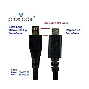 Proxicast Premium 8mm Extra Long Tip USB 2.0 Micro-USB Male - to - USB A Male Cable - 6 ft Length - Heavy 22 AWG Gauge - Fast Charge + Data for Thick Cases & Deep Connectors (PRX-RFU212)