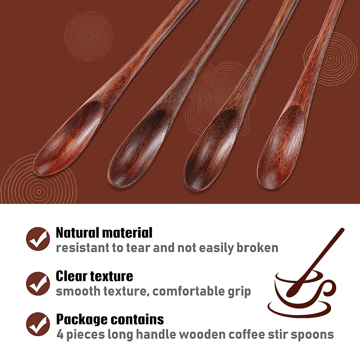4 Pieces Wooden Coffee Mixing Spoons Long Handle Cocktail Spoons Wood Iced Tea Spoons Small Stirring Spoon for Mixing Coffee Tea Beverage, 7.87 Inch