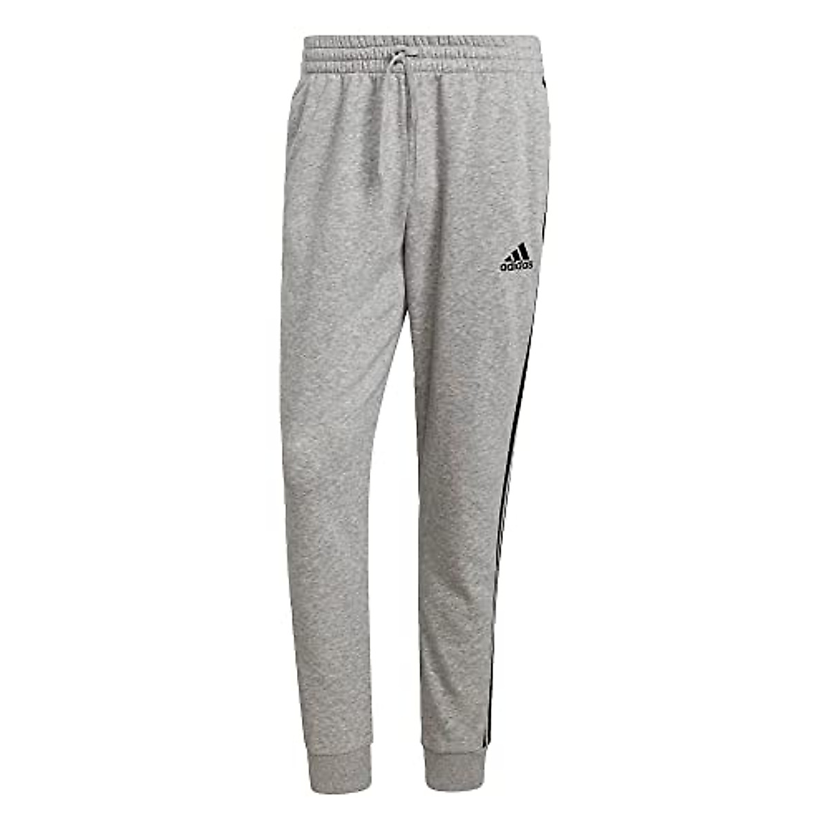 adidas Men's Size Essentials 3-Stripes French Terry Tapered-Cuff Pants, Medium Grey Heather/Black, Large/Tall