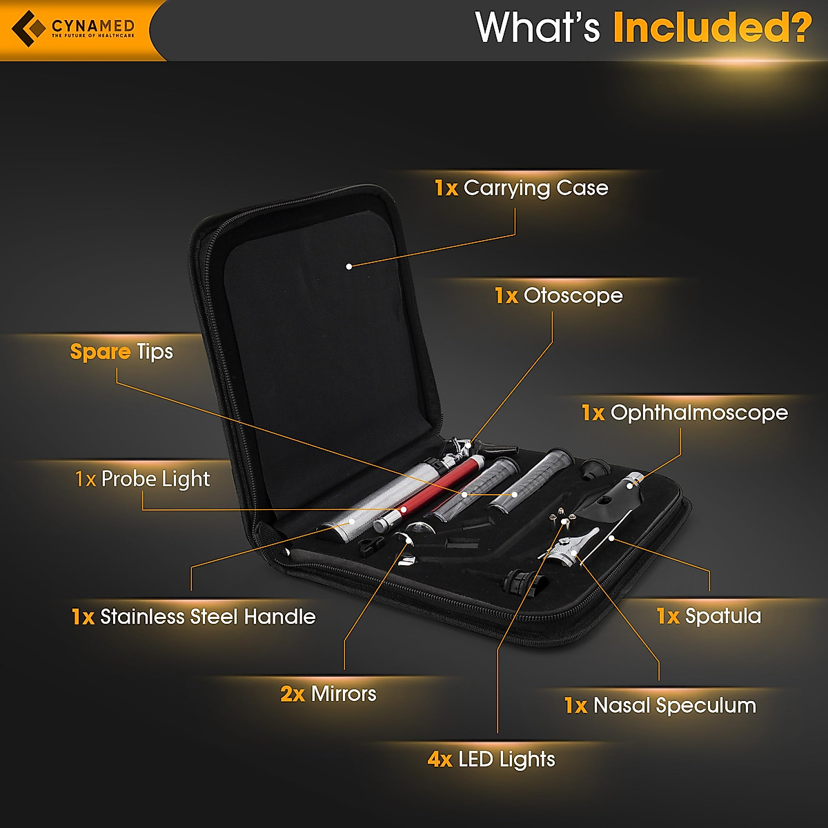 CynaMed ENT Diagnostic Kit - Ear, Nose, Throat Examination Instruments Set - Otoscope, Opthalmoscope, Earwax Remover, Nasal Dilator, Speculum, LED Lights, Mirrors, Replacement Tips, Leather Carry Bag