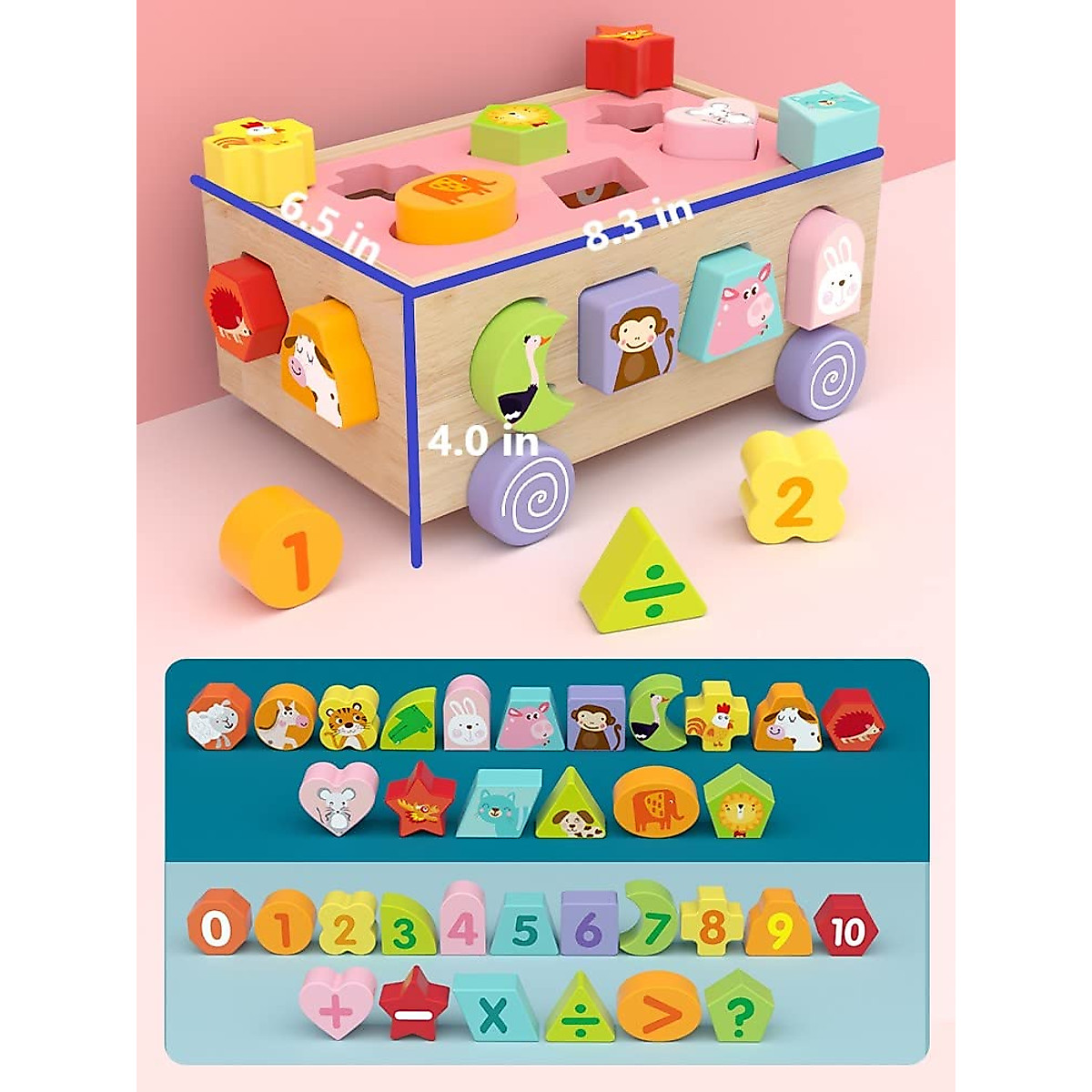 YUHAIPI Shape Sorter Car,Solid Wood,18 Building Blocks with Animal & Numbers Photos,Best Game for Hand-Eye Coordination &Thinktraining,Great Gift for 2-3-4 Years Old Boys and Girls.