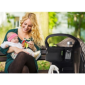 Ethan & Emma Universal Baby Stroller Organizer with Insulated Cup Holders for Smart Moms. Diaper Storage, Secure Straps, Detachable Bag, Pockets for Phone, Keys, Toys. Compact Design Fit All Strollers