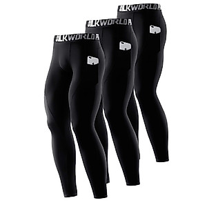 SILKWORLD Men's Compression Pants Pockets Cool Dry Gym Leggings Baselayer Running Tights (Large, Pack of 3: Black#3)