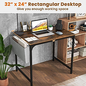 Giantex 32 Inch Computer Desk with Charging Station, Home Office Writing Desk with Storage Bag & Headphone Hook, Compact Gaming Table PC Workstation, Modern Simple Laptop Desk for Bedroom, Study