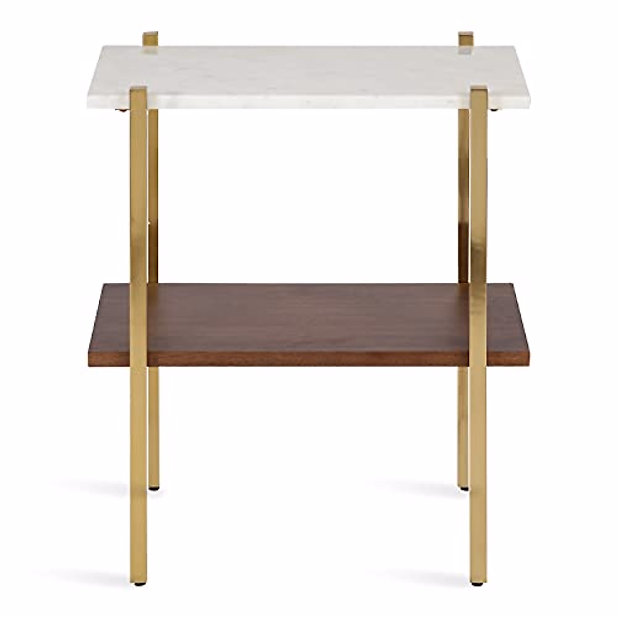 Kate and Laurel Abcott Midcentury Side Table, 20 x 12 x 24, Walnut Brown and Gold, Decorative Two-Tier Bedroom Nightstand Table with Genuine Marble Tabletop
