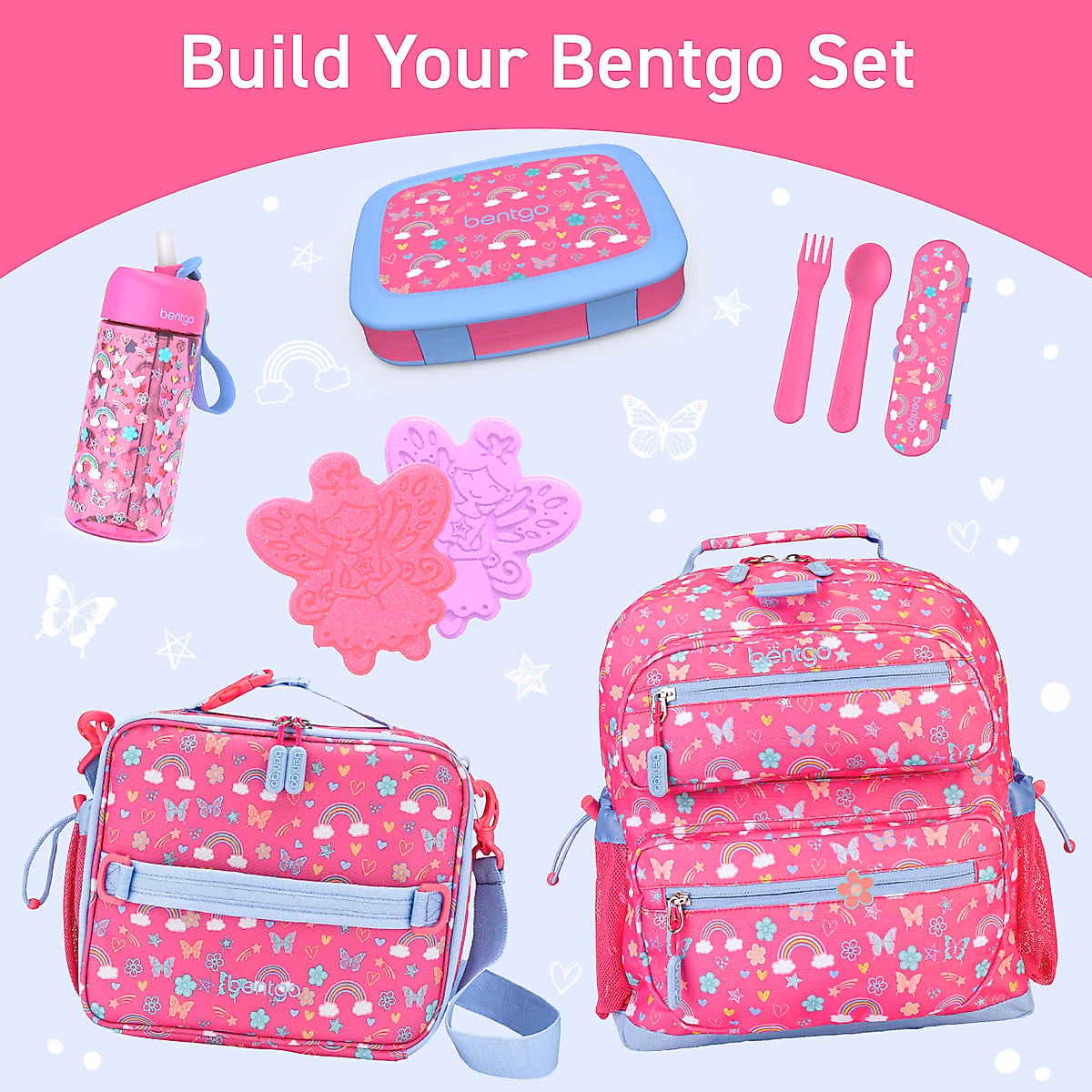 Bentgo Kids Water Bottle - Leak-Proof, Durable Tritan, BPA-Free 15 oz. Cup for Kids/Toddlers Ages 3+, Safe Sip Spout, Carrying Handle, & Dishwasher Safe for School & Sports (Rainbows & Butterflies)