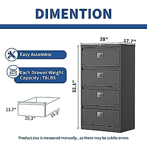 TOPKEY Lateral File Cabinet 4 Drawer Metal Filing Cabinets for Home Office, Black File Storage Cabinet with Lock for Letter/Legal A4 Size, Locking Horizontal Filing Cabinet with Card Slot