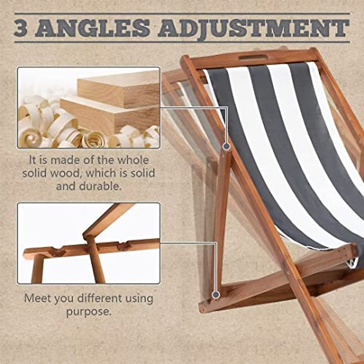 Beach Chair Lounge Chair 2 Set Outdoor Wooden Patio Beach Sling Chair Adjustable Portable Folding Chairs for Outside with Polyester Canvas Lounging Chair for Garden, Backyard, Poolside, Balcony(WB)