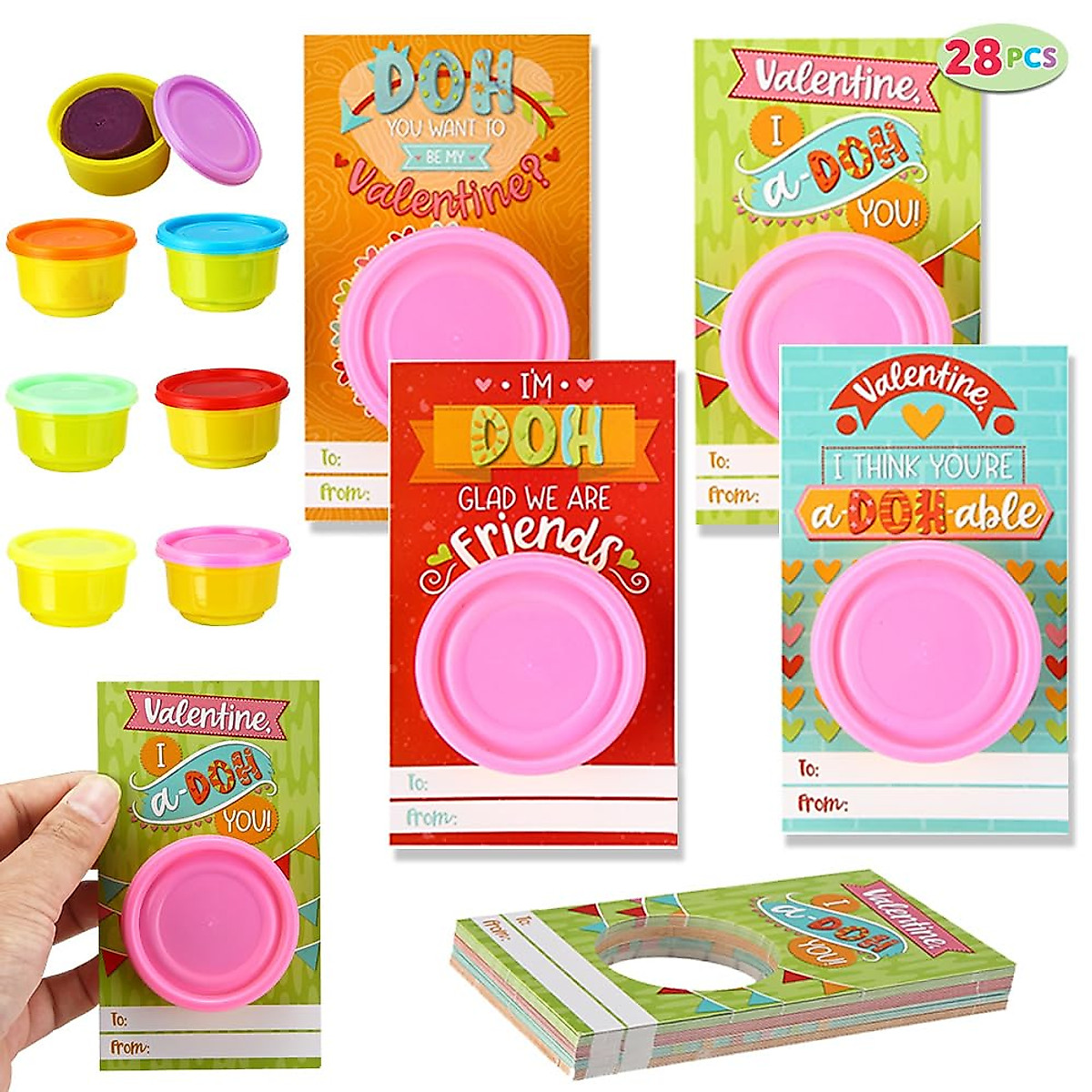 JOYIN 28 Pcs Valentines Day Gift Cards with Colorful Playing Dough for Kids Valentine Party Favors, Valentine's Classroom Exchange