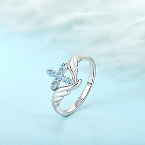 STARCHENIE Cross Ring 925 Sterling Silver Angel Wings Ring for Women March Aquamarine Size7