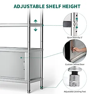 YITAHOME NSF Stainless Steel Shelves, 48"*18"*60" 4 Tier Storage Shelf with Cabinet, Heavy Duty Shelving for Kitchen Garage Office Restaurant Warehouse, 201 Bright Silver