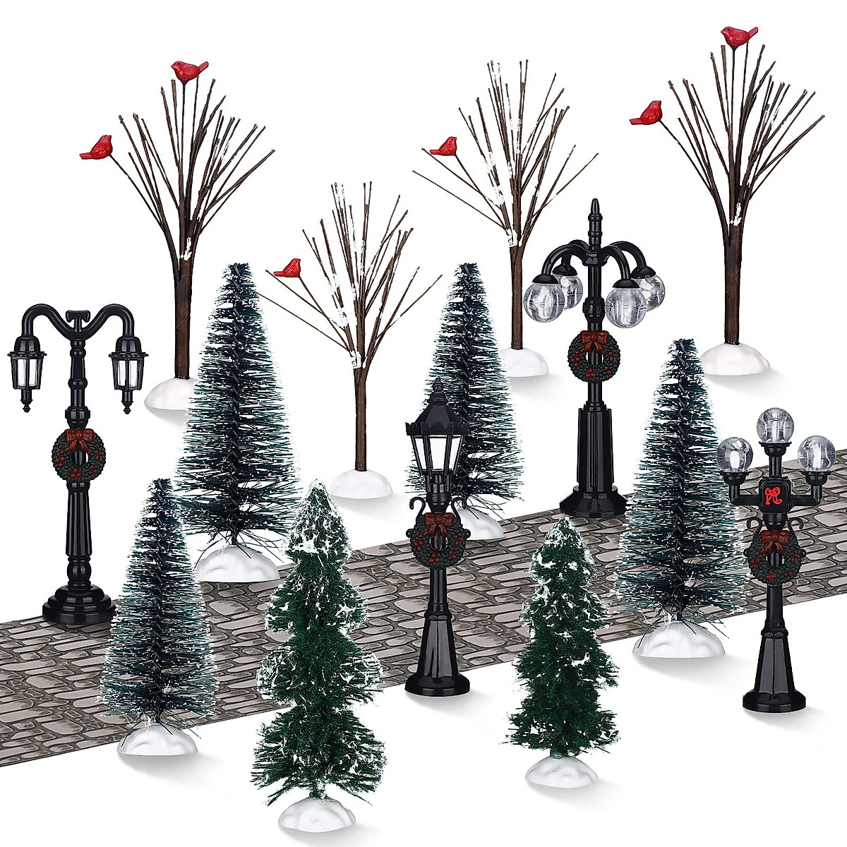 Aoriher 15 Pcs Christmas Figurine Village Accessories Miniature Pine Trees Snow Artificial Christmas Trees Cardinal Bare Branch Trees Streetlight Lamps Cobblestone Street Figurine for Xmas (Classic)