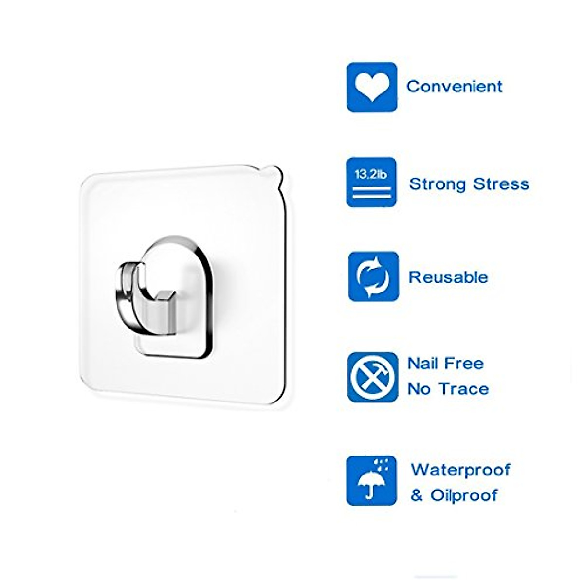 Ninth Five Wall Hooks(13.2lb), Self Adhesive Hooks, Clear Plastic Reusable Heavy Duty Hook for Kitchen Bathroom Office, No Trace No Scratch(12 Pack)