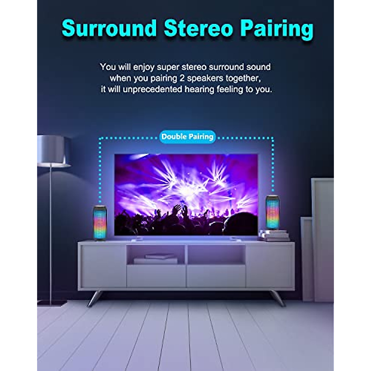 Wireless Bluetooth Speaker, Portable Speaker 15W Stereo Sound with Multi LED Light Dynamic Modes, IPX4 Waterproof Bluetooth Speakers, BT5.3, TWS Surround Pairing, Lightweight for Party Outdoor Camping
