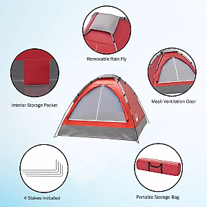 2 Person Camping Tent with Rain Fly and Carrying Bag - Lightweight Outdoor Tent for Backpacking, Hiking, or Beach Use by Wakeman Outdoors (Red)