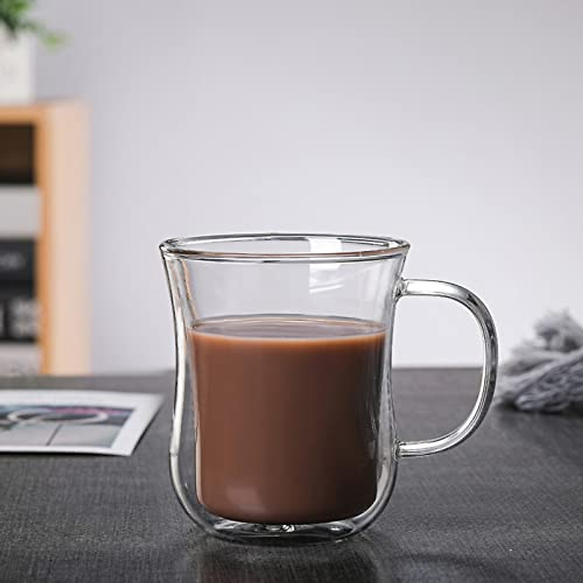 SMLJFO Double Wall Glasses Coffee Mug Glass Tea Cups Clear Mugs for Cappuccino Heat Resistant Cup with Handle for Milk Cappuccino Juice Latte, White