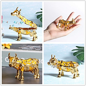 Waltz&F Golden Bull Hinged Trinket Box Bejeweled Hand-Painted Ring Holder Animal Collectible Figurine Decoration