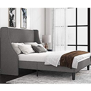 Allewie Full Size Bed Frame, Platform Bed Frame with Upholstered Headboard, Modern Deluxe Wingback, Wood Slat Support, Mattress Foundation, Light Grey