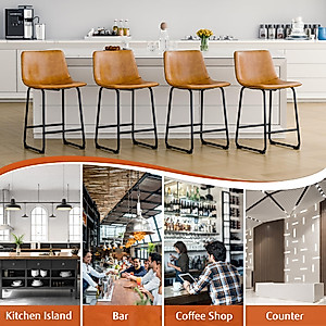 REONEY Bar Stools Set of 4, PU Leather Counter Height Bar Stools, 26" Modern Bar Stools with Metal Legs and Footrest, Urban Armless Dining Chairs with Backrest for Kitchen Island (Brown)