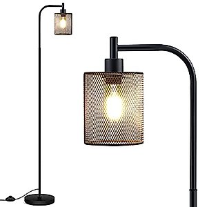 BoostArea Industrial Floor Lamp, Standing Lamp with Hanging Iron Mesh Lamp Shade, 6W LED Bulb, Whole Metal Farmhouse Floor Lamp with Foot Switch, Rustic Floor Lamps for Living Room Bedroom, Black