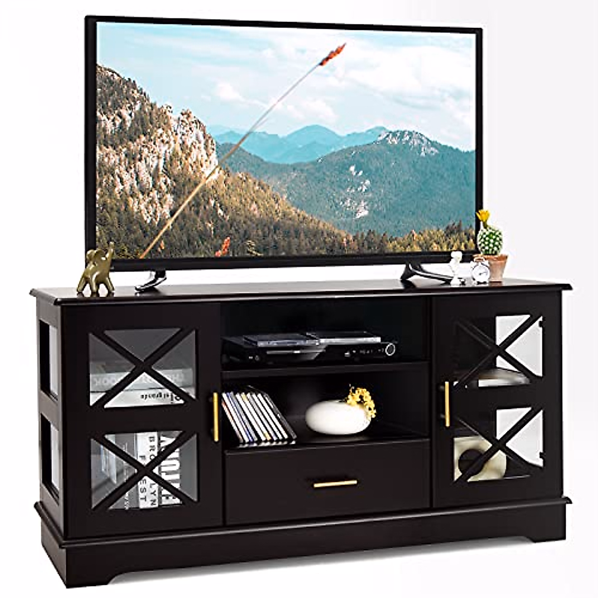 Tangkula Wood TV Stand with 2 Glass Door Cabinets, Media Console with Drawer & 2-Tier Adjustable Shelves, Living Room Entertainment Center for TVs up to 55 Inch, TV Console Table, Dark Brown