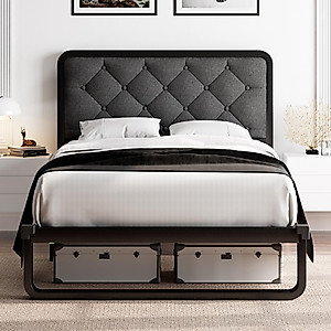 Feonase Twin Size Bed Frame, Upholstered Platform Bed Frame with Heavy-Duty Metal Steel Slats, Diamond Linen Headboard, 12" Storage Space, No Box Spring Needed, Noise Free, Easy Assembly, Dark Gray
