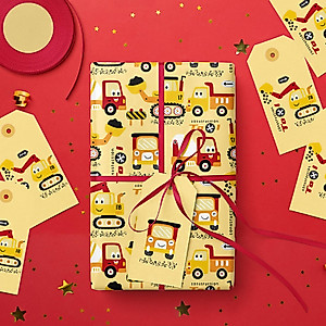 WRAPAHOLIC Construction Wrapping Paper Roll - Mini Roll - 17 Inch x 9.8 Feet - Yellow Digger Tractor Truck Design for Kids Boys Birthday, Baby Shower