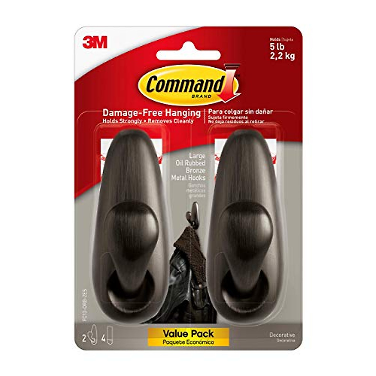 Command Forever Classic Metal Hook, Large, Oil Rubbed Bronze, 2-Hooks (FC13-ORB-2ES), Great for Dorm Decor & Picture Hanging Strips Heavy Duty, Large, White, Holds 16 lbs, 14-Pairs