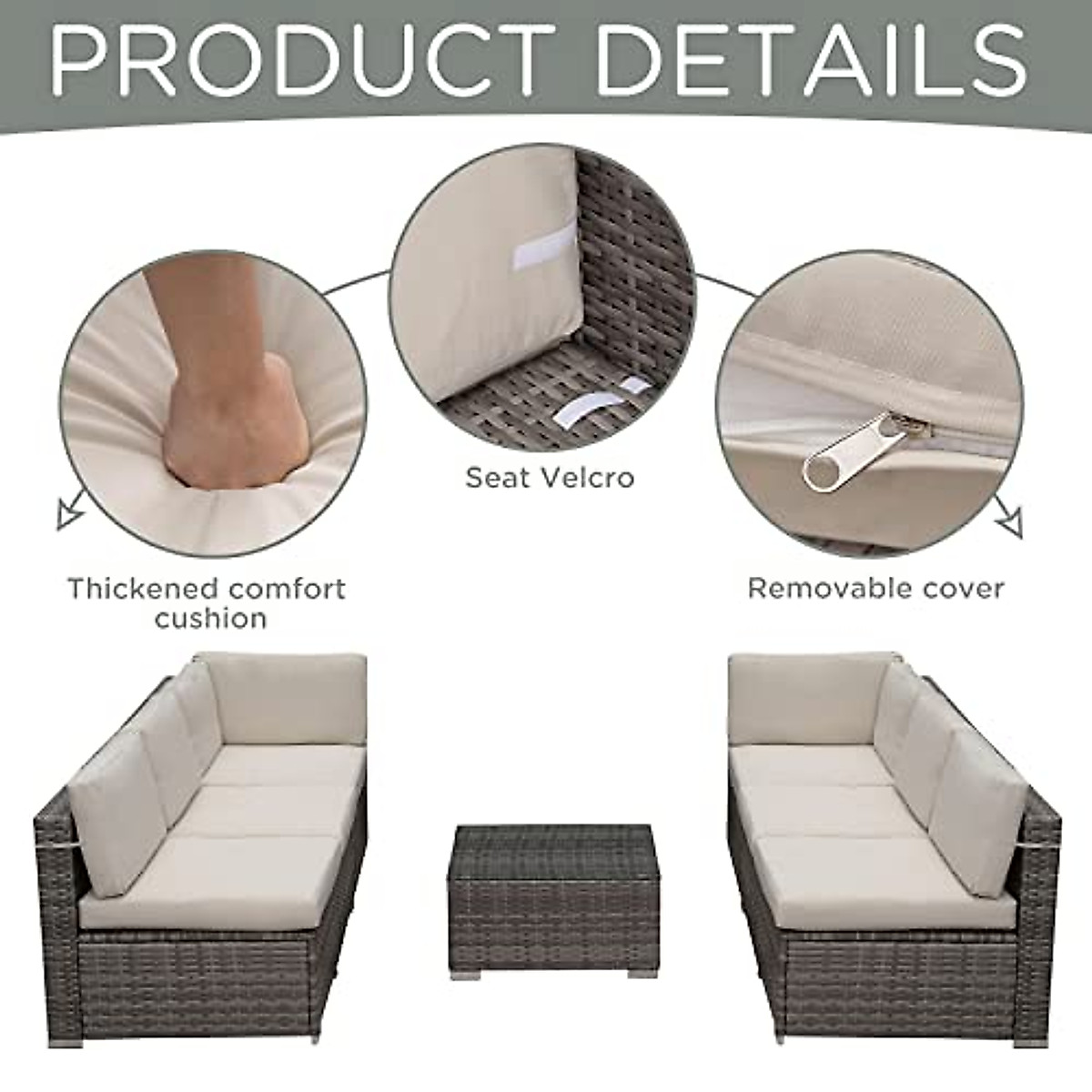 SUNVIVI OUTDOOR 7 Piece Patio Sectional Grey Wicker Furniture for Backyard, Garden with String Beige Cushions, Clips, Coffee Table