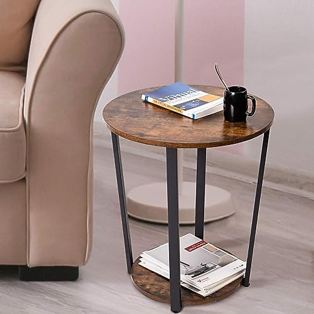 GOOD & GRACIOUS Round End Side Table with Storage Shelf for Living Room Sofa Couch End Tables with Sturdy Metal Frame Bedside Accent Table with Metal Frame for Small Spaces, Bedroom, Brown