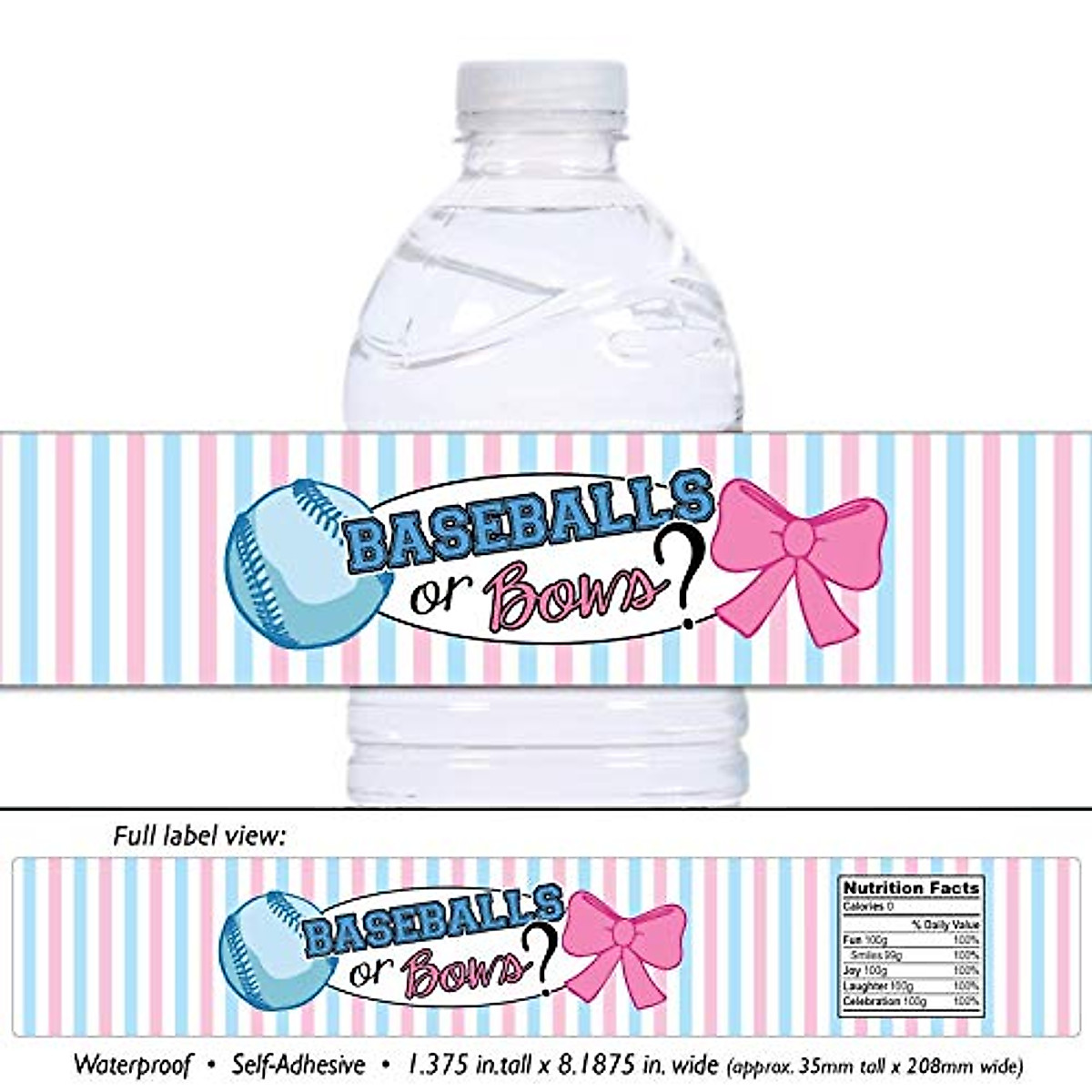 21 Baseballs or Bows Waterproof Self-Adhesive Water Bottle Labels for Gender Reveal - Pink and Blue