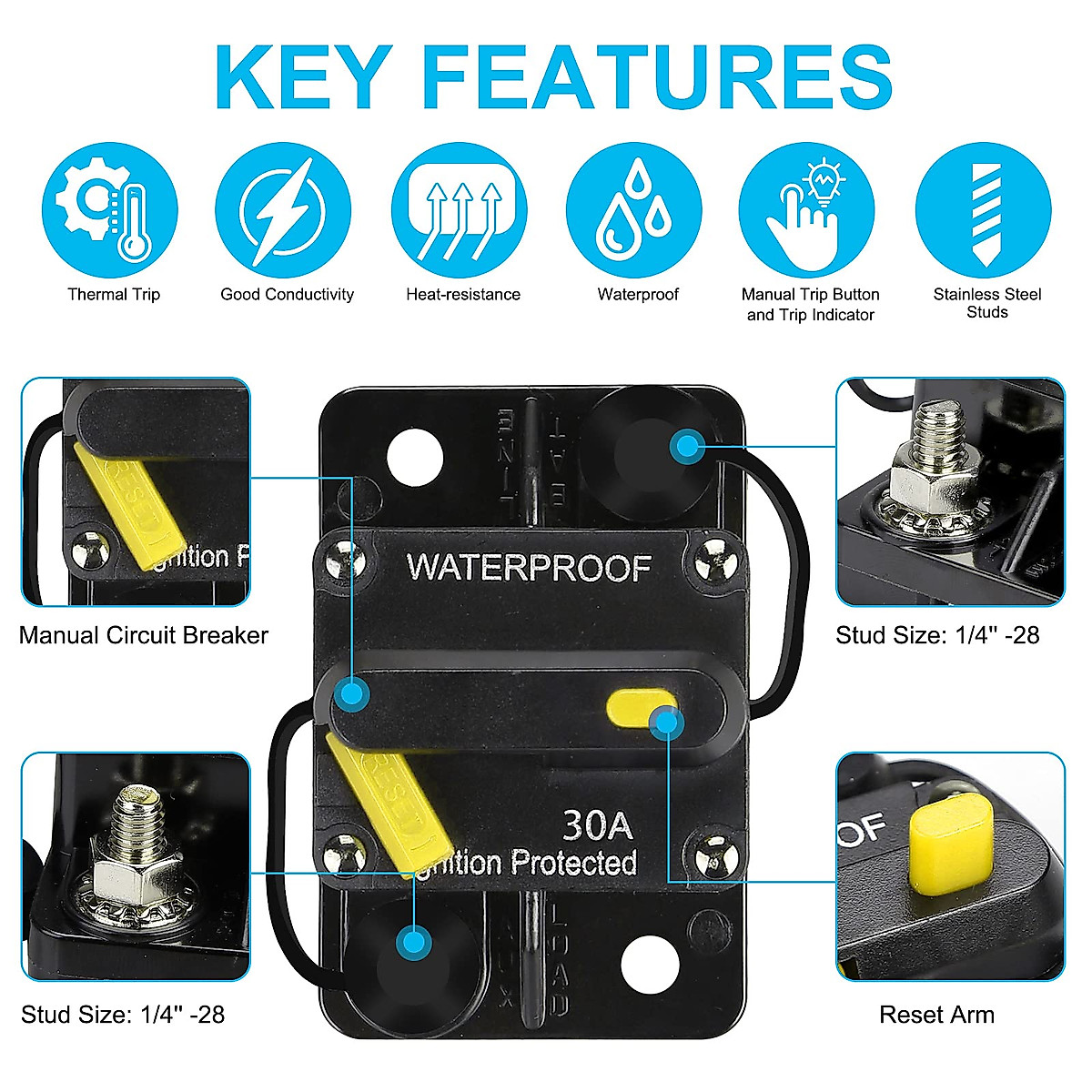 30 Amp Audio Circuit Breaker,12V-48V DC Fuse Holder,30-300A Breaker Switch,Inline Circuit Breaker with Reset Button,for Automotive Marine Boat Audio System Current Overload Protection