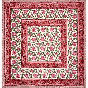 HOMESTEAD Pretty in Pink Block Print Square Cotton Tablecloth 60" x 60" Pink