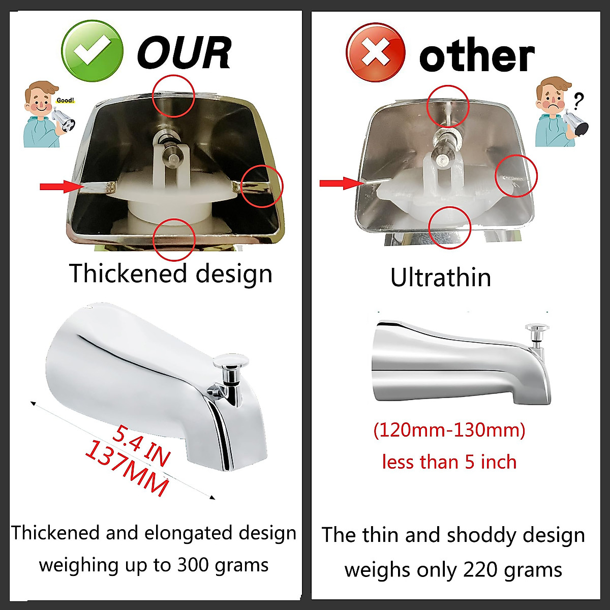 Slip Fit Tub Spout with Pull-Up Diverter for 1/2 inch Copper Tube,5.4 INCHES in Length,Easy to Install,Chrome (Not Applicable to Threaded Pipes) Thickened and Elongated Design 300 Grams