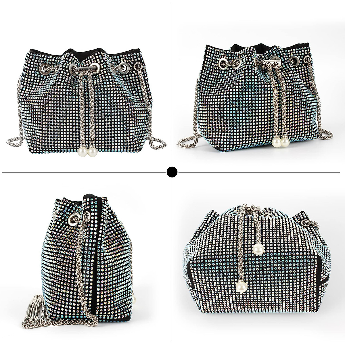 Hyuyikuwol Women Rhinestones Crystal Clutch Drawstring Bucket Bag Mini Evening Bags Crossbody Purses Pearl Party Prom Wedding, Blue