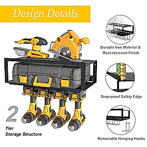 SRIWATANA Power Tool Organizer Wall Mounted, 2-Tier Heavy Duty Metal Storage Rack for Handheld and Power Tools, Utility Holder, Cordless Drill Storage, Black