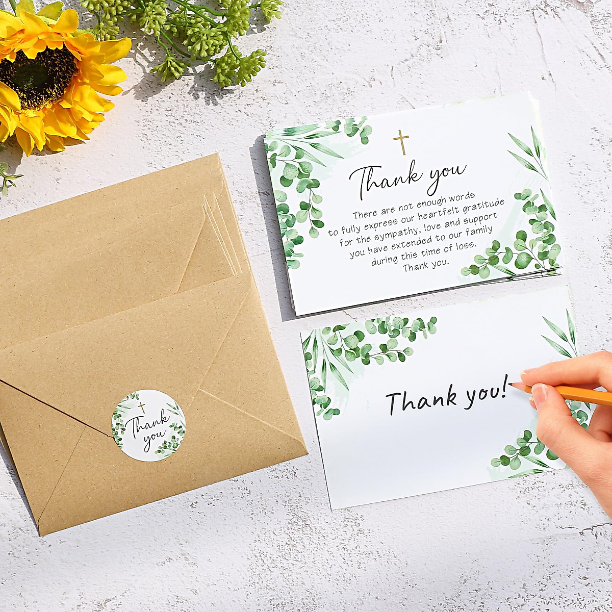 BYBOUS 50Pcs Funeral Sympathy Thank You Cards with Envelopes and Matching Seal Stickers, Green Leaf Cross Bereavement Card with Message for Memorial Service Loved Ones Celebration of Life