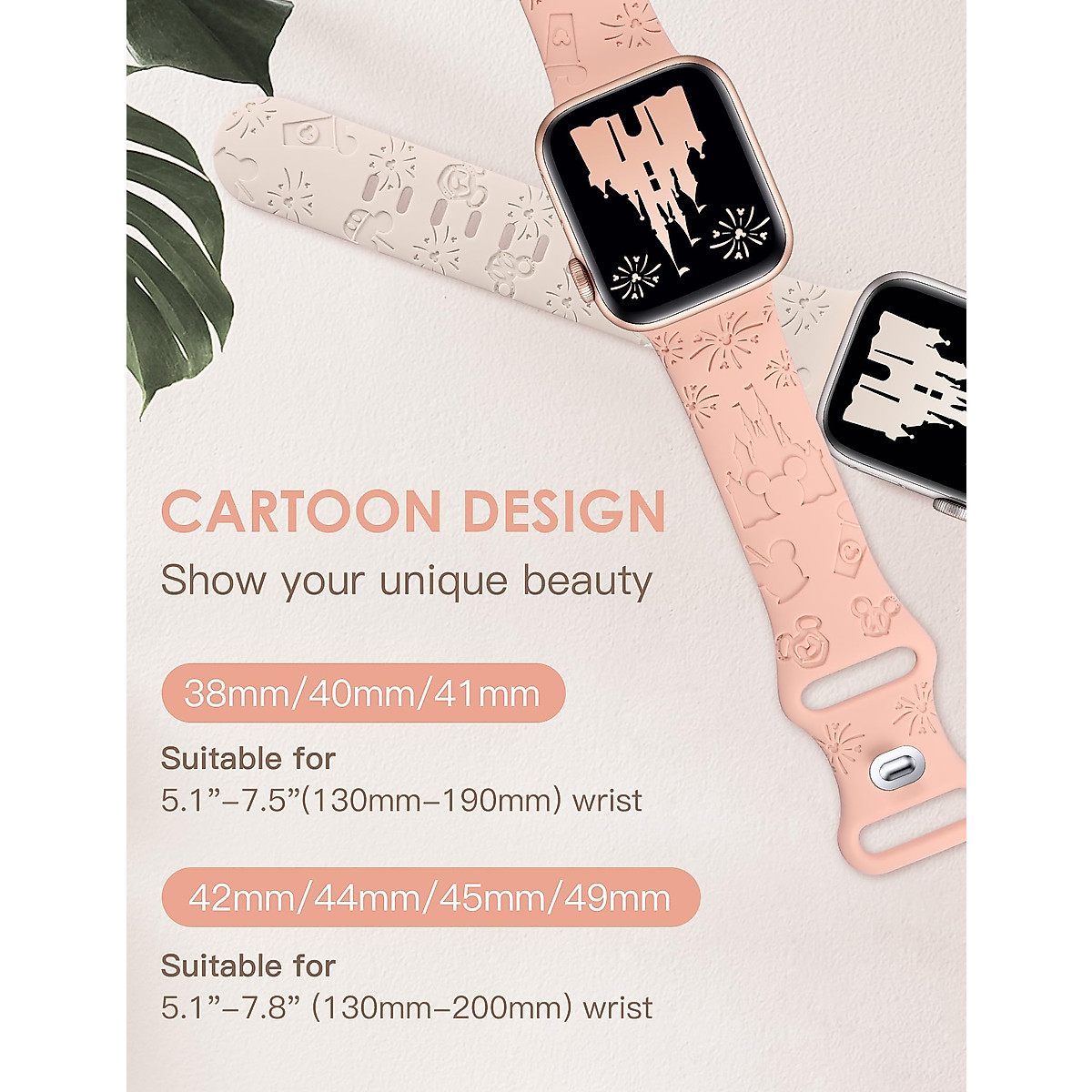 Girovo 2 Packs Cartoon Bands Compatible with Apple Watch Bands 41mm 40mm 38mm Womens, Stylish Soft Silicone Cute Engraved Strap for iWatch Series 10/9/8/7/6/5/4/3/2/1/SE/Ultra/Ultra2, Starligh &Pink