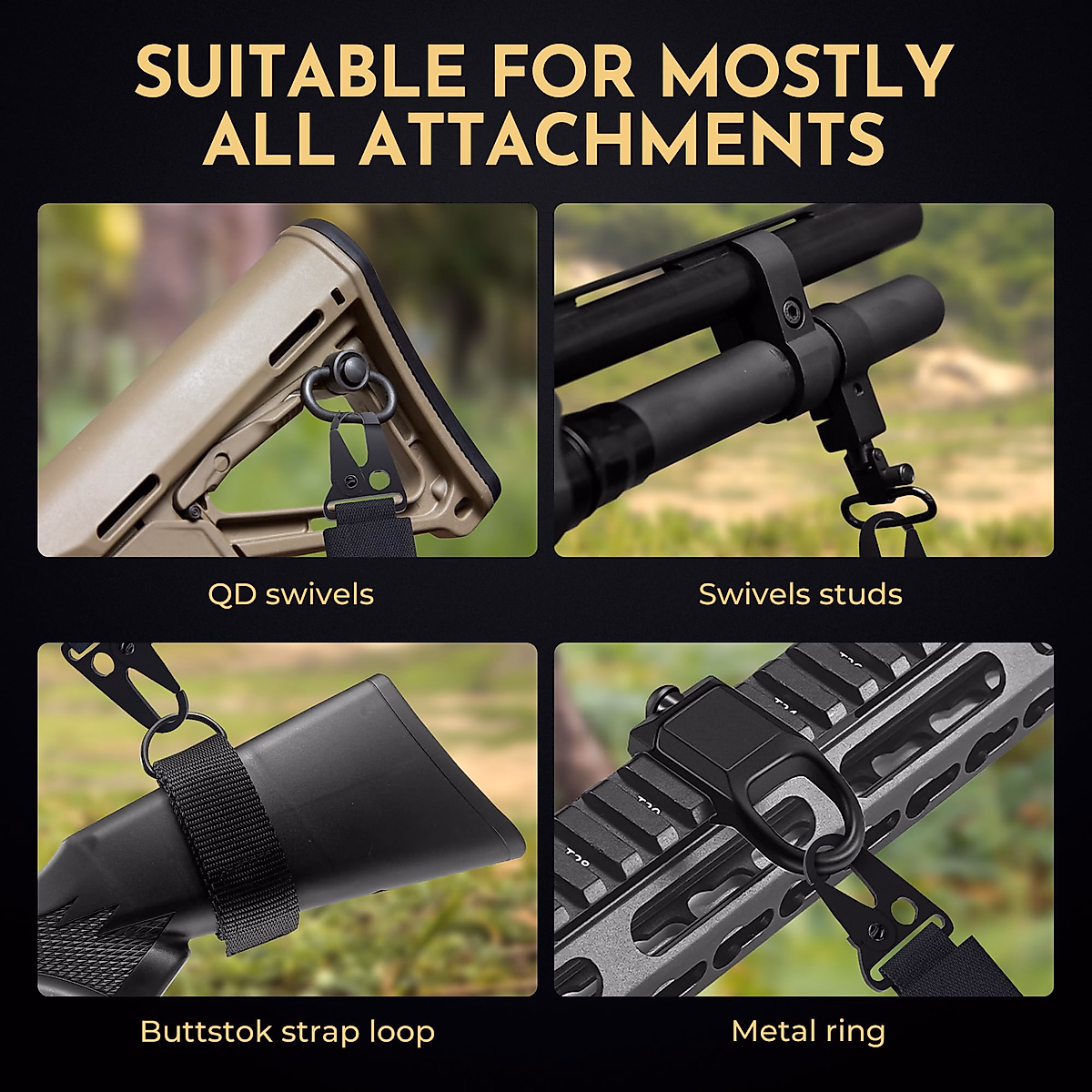 Flexible Two Point Rifle Sling — Extra Long, Adjustable, Shoulder Padded and Versatile — Made of High Density Nylon Metal Hook — Incl. Bandana and 2 Skill Improvement eBooks