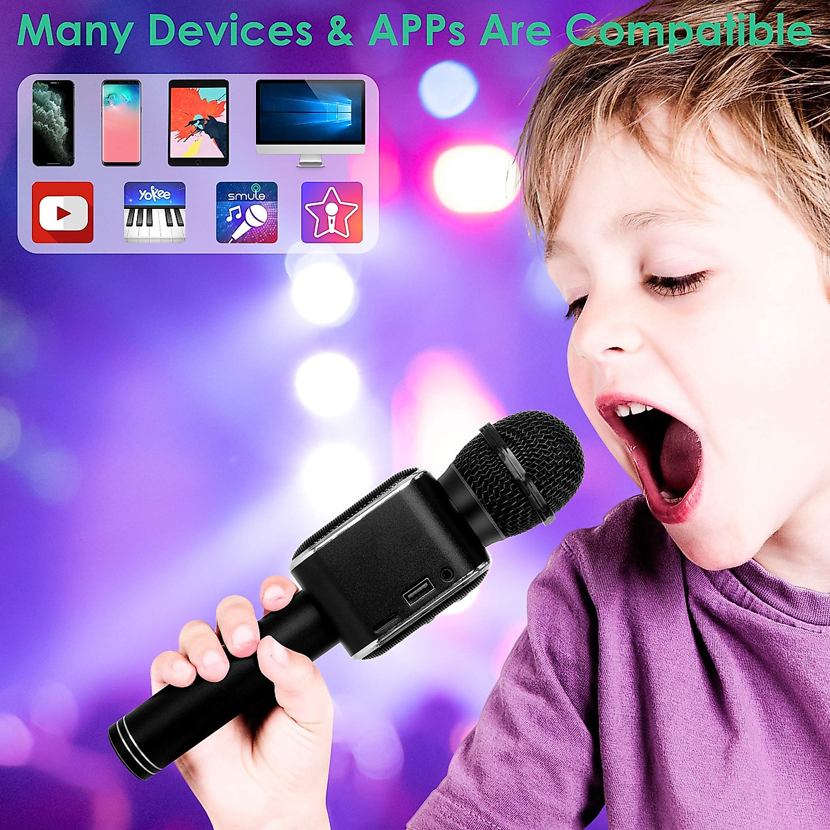 KIDWILL Wireless Bluetooth Karaoke Microphone for Kids, 5-in-1 Portable Handheld Karaoke Mic Speaker Player Recorder with LED Lights for Kids Girls Boys Teens Birthday (1818-Black)