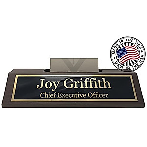 Griffco Supply Desk Name Plate Personalized - Name Plate for Desk with Card Holder - PhD Graduation Gifts Genuine Hardwood Nameplate for Desk - Made in USA Custom Plaque (Walnut)