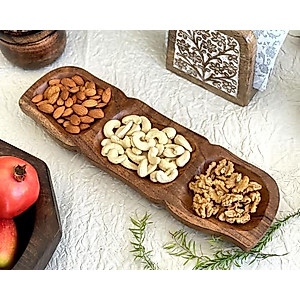 3 Compartment Acacia Wood Tray for Nuts, Candy, Snacks, Appetizers, Chips, Condiments, Crackers, Divided Serving Platter for Parties, Decorative Sectional Relish Tray for Christmas Holidays- 15''