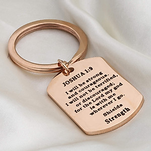 BEKECH Joshua 1:9 Bible Verse Keychain I Will Be Strong And Courageous Dog Tag Keychain Religious Jewelry Christian Keyring Gift (rose gold)