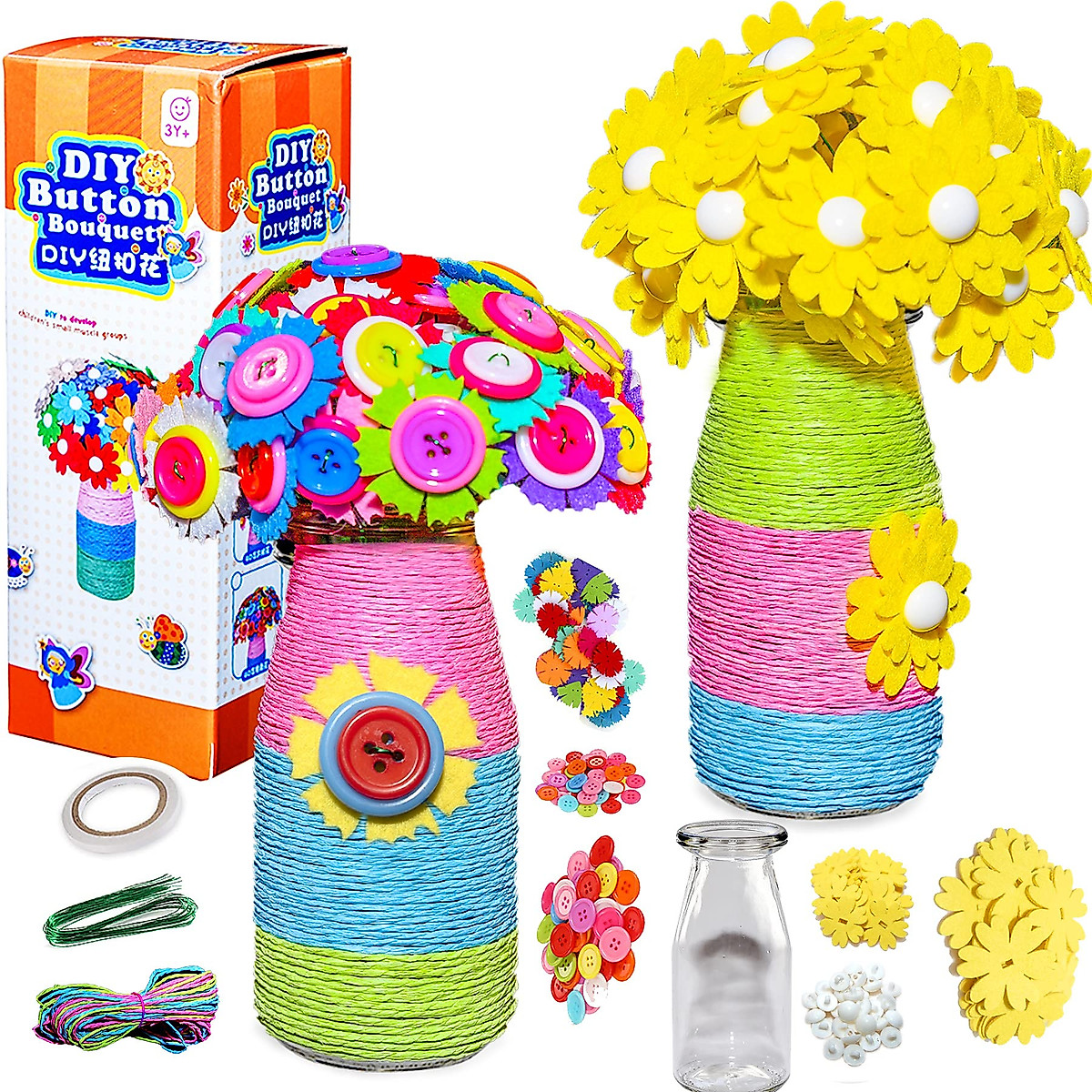 Flower Craft Kit for Kids - Arts and Crafts Make Your Own Flower Bouquet with Button Felt and Pearl ，Vase Project for Boys and Girls - Fun DIY Activity for Children 4 5 6 7 8 9 10 12 Years Old (color)