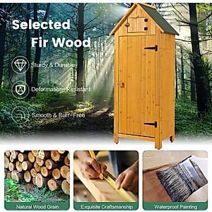 Outdoor Storage Cabinet, Garden Wood Tool Shed, Outside Wooden Shed Closet with Shelves and Latch for Yard, Patio, Deck and Porch,30.3”L X 21.3”W X 70.5”H (Natural)